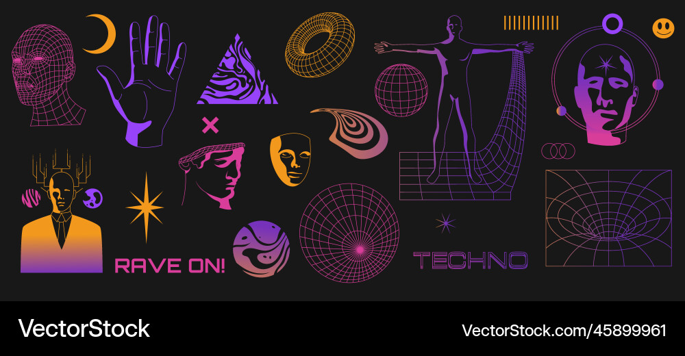 Retro futuristic set rave techno punk surreal Vector Image
