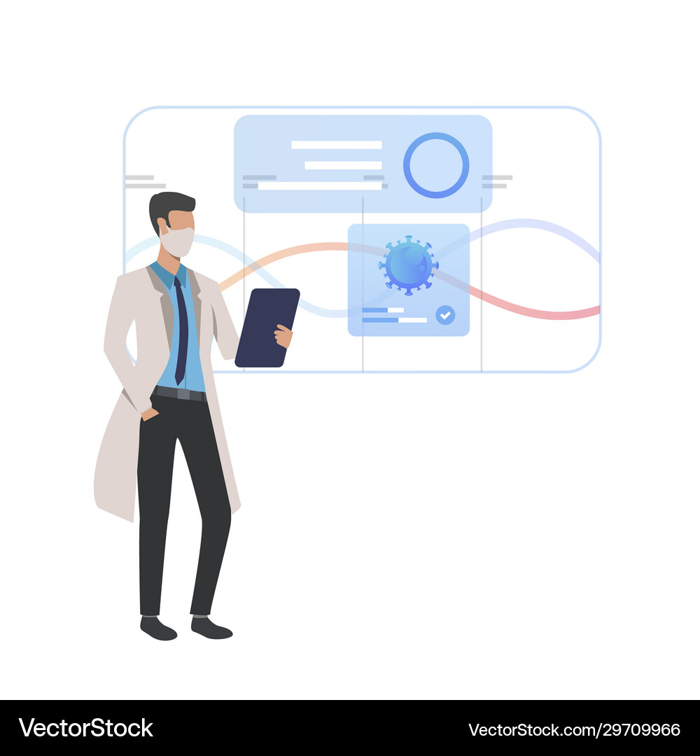 A doctor with tablet is showing presentation Vector Image