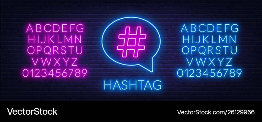 Neon hashtag sign in speech bubble on brick wall Vector Image