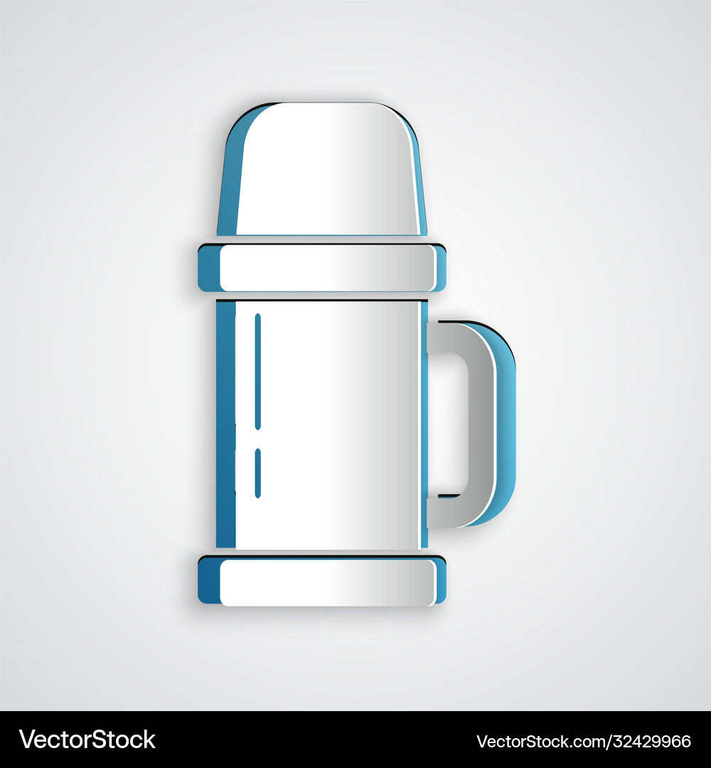 Paper cut thermos container icon isolated on grey Vector Image