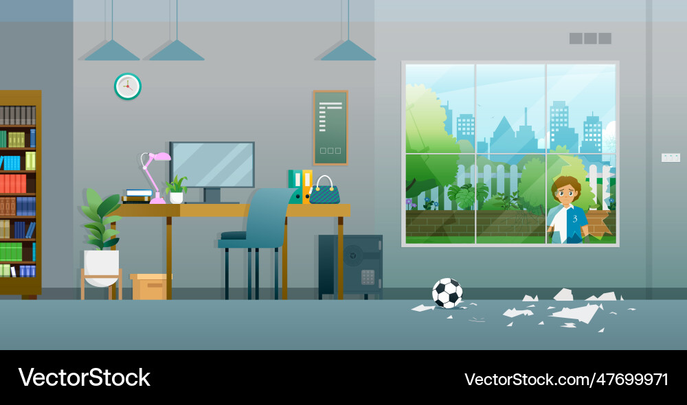 A child broke window glass Royalty Free Vector Image