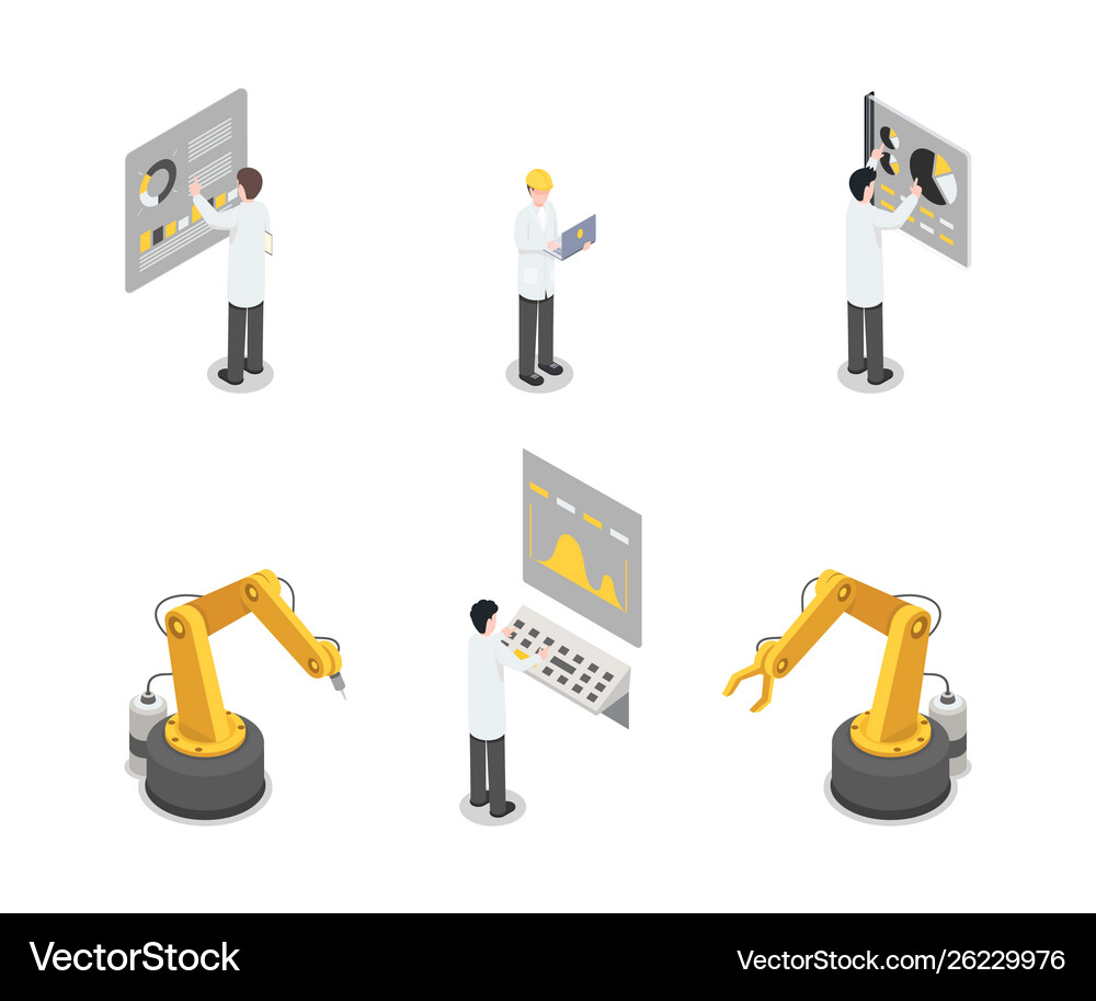 Industrial machinery engineers and equipment set Vector Image