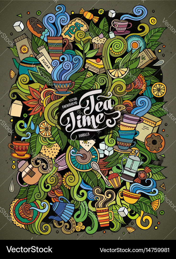 Cartoon cute doodles tea time Royalty Free Vector Image