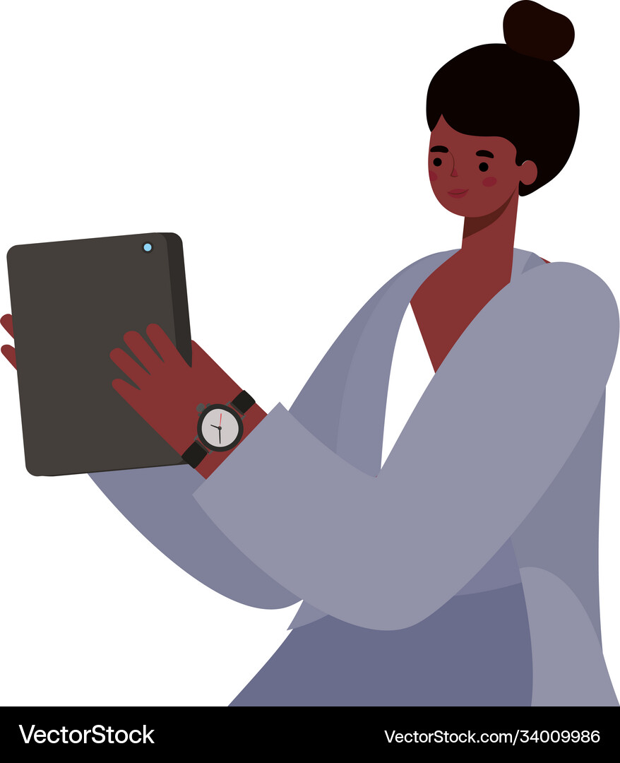 Black woman cartoon with tablet working Royalty Free Vector