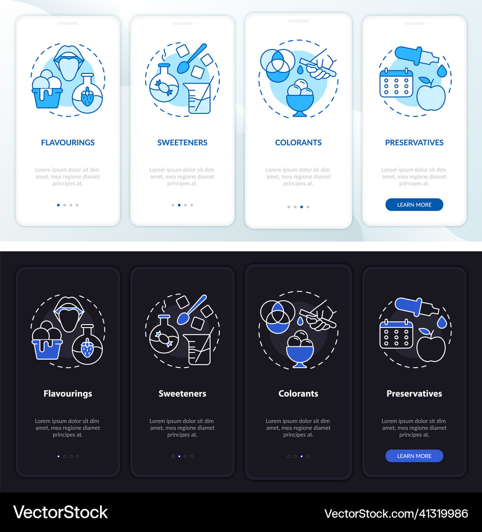 Food Additives Onboarding Screens Royalty Free Vector Image
