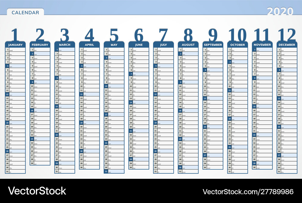 Wall horizontal calendar for year 2020 in blue Vector Image