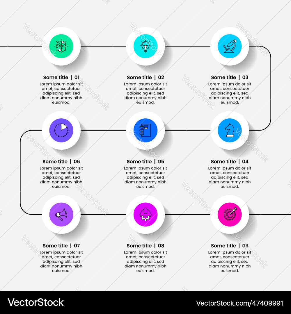 Infographic template 9 steps on line with icons Vector Image