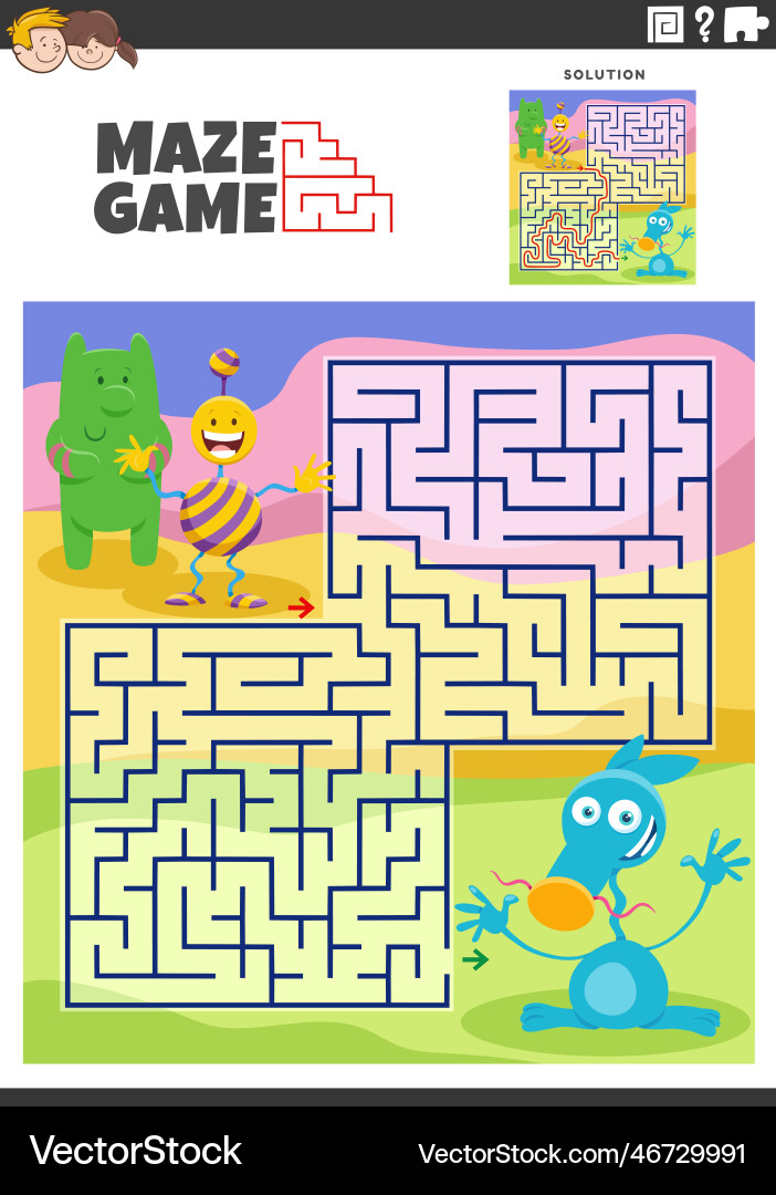 Maze game activity with cartoon alien or monsters Vector Image
