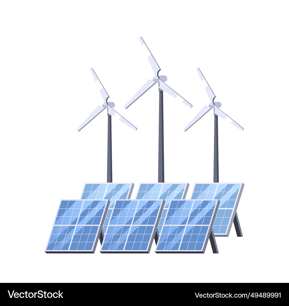 Wind turbines rotates and solar panels captures Vector Image