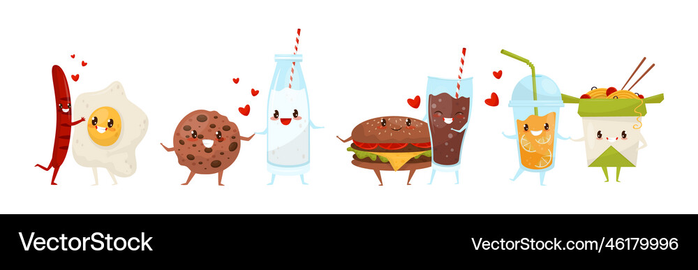 Cute comic food characters in pair feeling love Vector Image