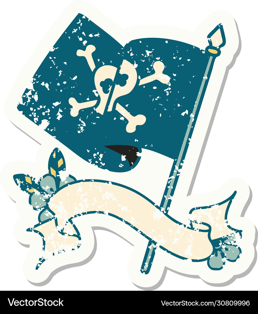 Grunge sticker with banner a pirate flag Vector Image