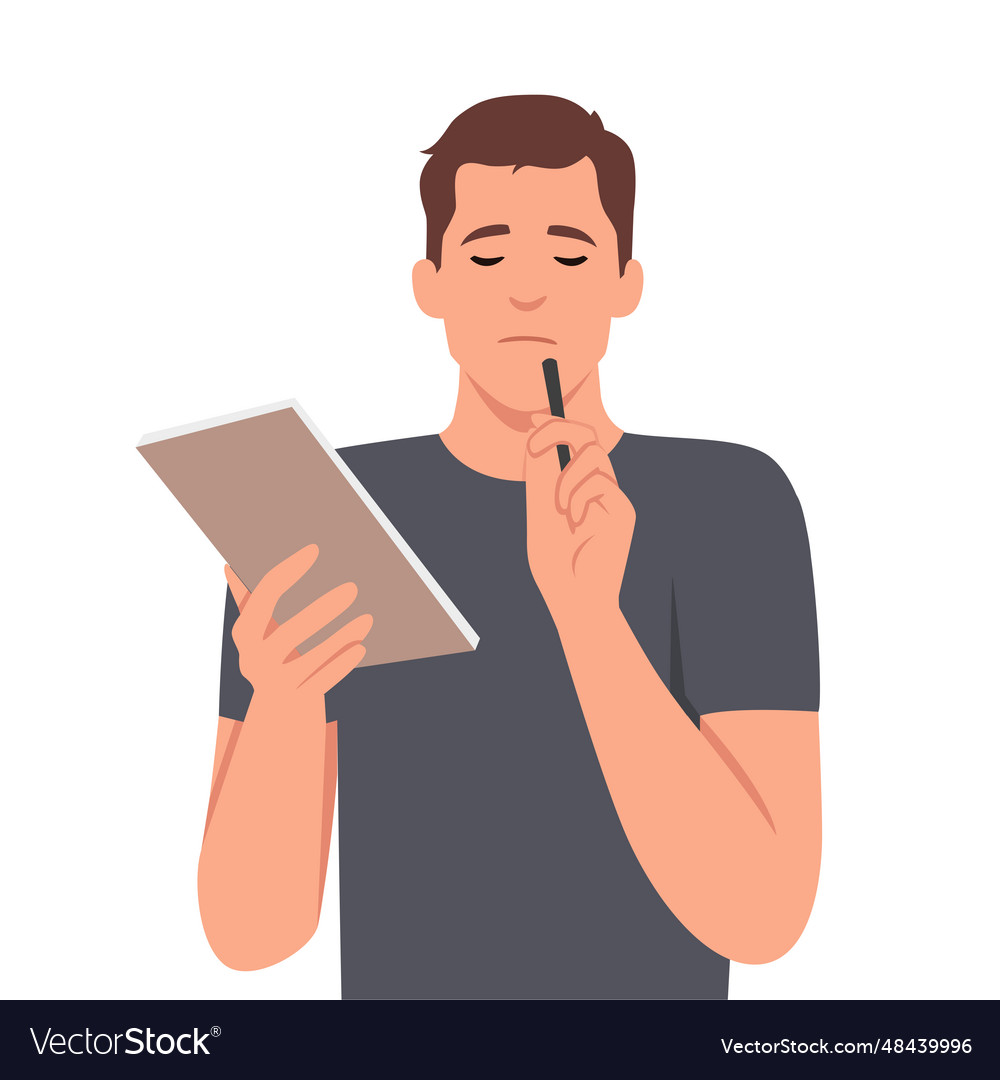 Positive thoughtful man with notebook in hand Vector Image Positive thoughtful man with notebook in hand Vector Image
