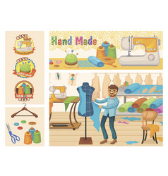 Cartoon tailor taking measures flat poster Vector Image