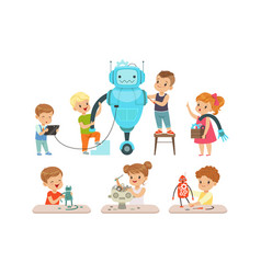 Cute little girl building a robot robotics and Vector Image