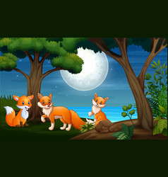 Happy three fox cartoon on nature scene Royalty Free Vector