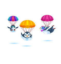 Cute penguins flying on parachutes antarctic birds