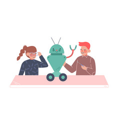 Children assembling and programming robots boy Vector Image