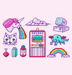 Pixel art 8 bit objects character unicorn and Vector Image