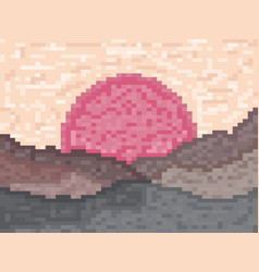 Pixel landscape with river sun and hills sunrise Vector Image