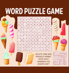 Ice cream word search puzzle game worksheet grid Vector Image