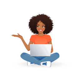 Woman with laptop thinking Royalty Free Vector Image