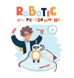 Little boy building a robot robotics and Vector Image