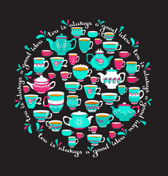 Tea time card with cup and teapot Royalty Free Vector Image