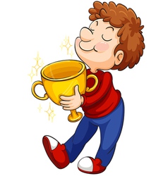 Boy win the contest earn trophy and medal bw Vector Image