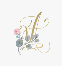 Golden hand lettering font with handmade rose Vector Image