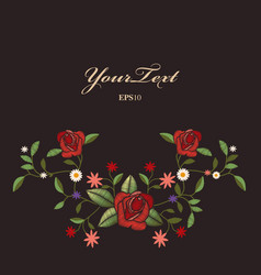 Red flowers embroidered on a black background Vector Image
