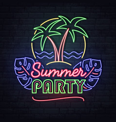 Neon summer cocktail bar sign on dark brick wall Vector Image