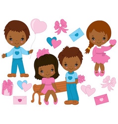 Cute stick Kids holding hearts for Valentines Day Vector Image