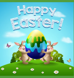 Two cute rabbits holding easter egg on a white bac