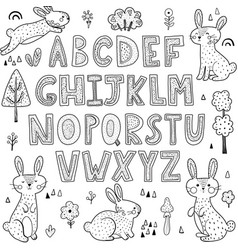 Black and white alphabet with forest animals Vector Image