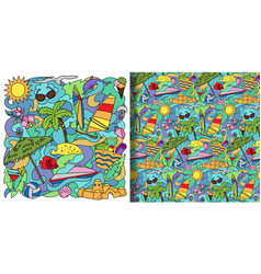 Doodle summer beach set and seamless pattern Vector Image