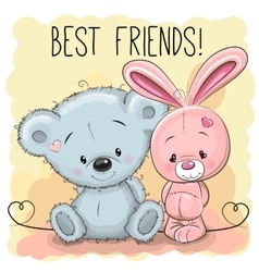 Cartoon bear and rabbit on a blue background Vector Image