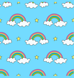 Colorful rainbow and clouds in blue sky Royalty Free Vector
