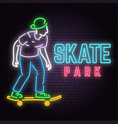 Neon skate park sign on brick wall background Vector Image