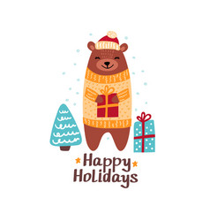 Cute bear with happy holidays inscription Vector Image