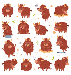 Cute yak character with dense fur and horns riding