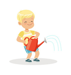 Happy smiling little boy pouring water while Vector Image