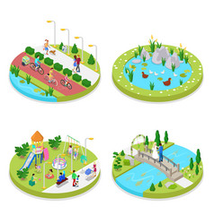 Isometric city park with walking people Royalty Free Vector