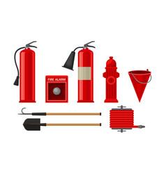 Flat set firefighting items fireman Royalty Free Vector