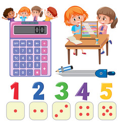 Math classroom objects with supplies and students Vector Image