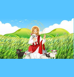 Jesus and animals in farm scene Royalty Free Vector Image