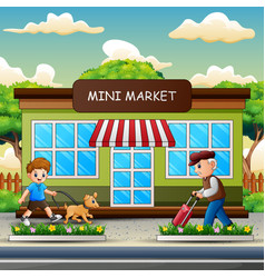 Cartoon people in front mini market Royalty Free Vector