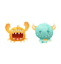 Toothy monster with horns standing and smiling Vector Image