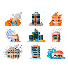 Fire fighting team extinguish burning building Vector Image