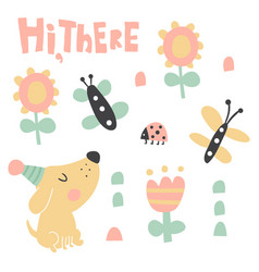 Cute puppy with a flower cartoon hand drawn Vector Image