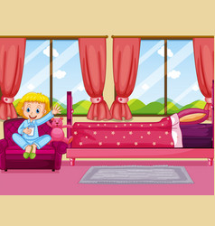 Girl making bed in pink bedroom Royalty Free Vector Image